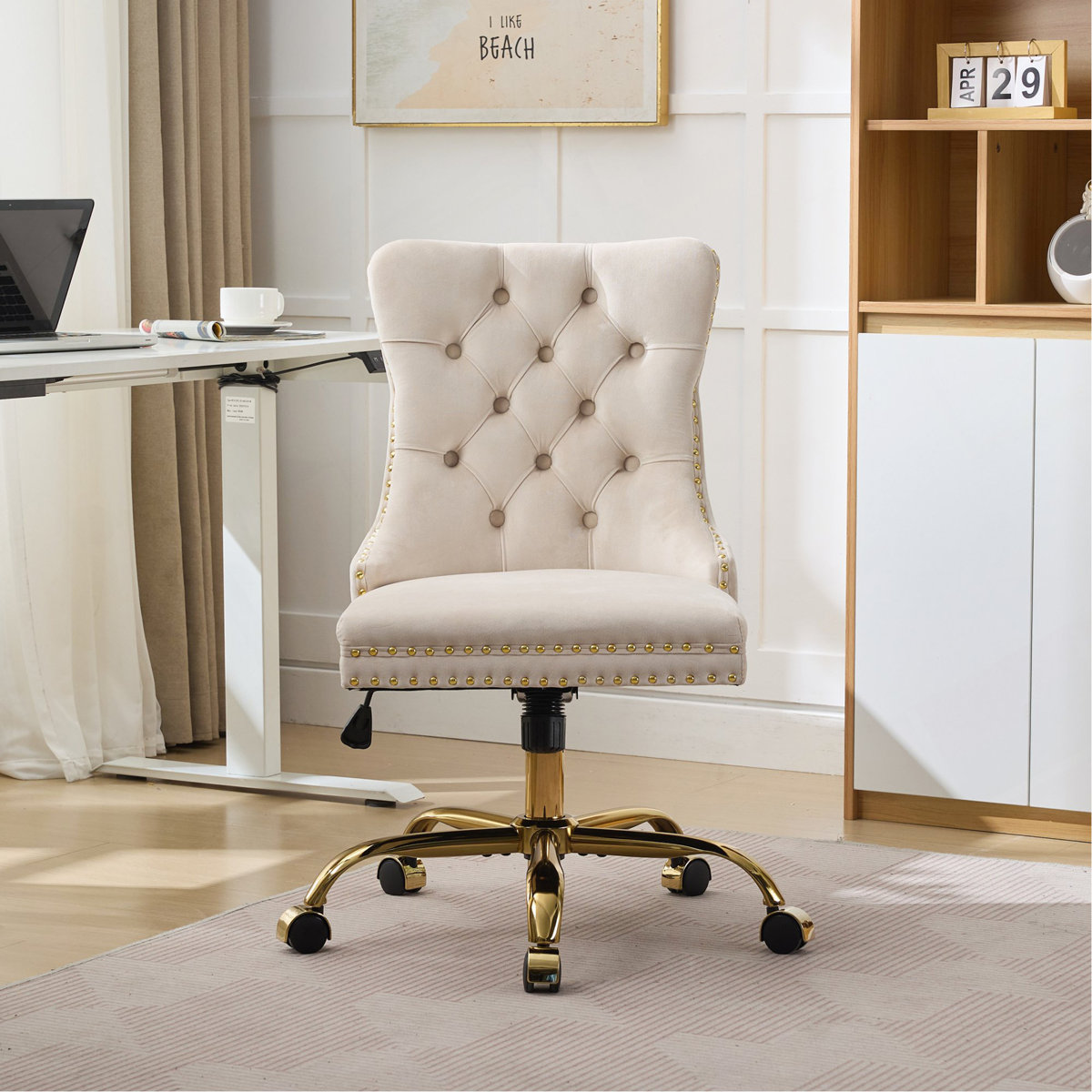 Mercer41 Office Chair,Modern Velvet Upholstered Tufted Button Home Office Chair With Golden ...